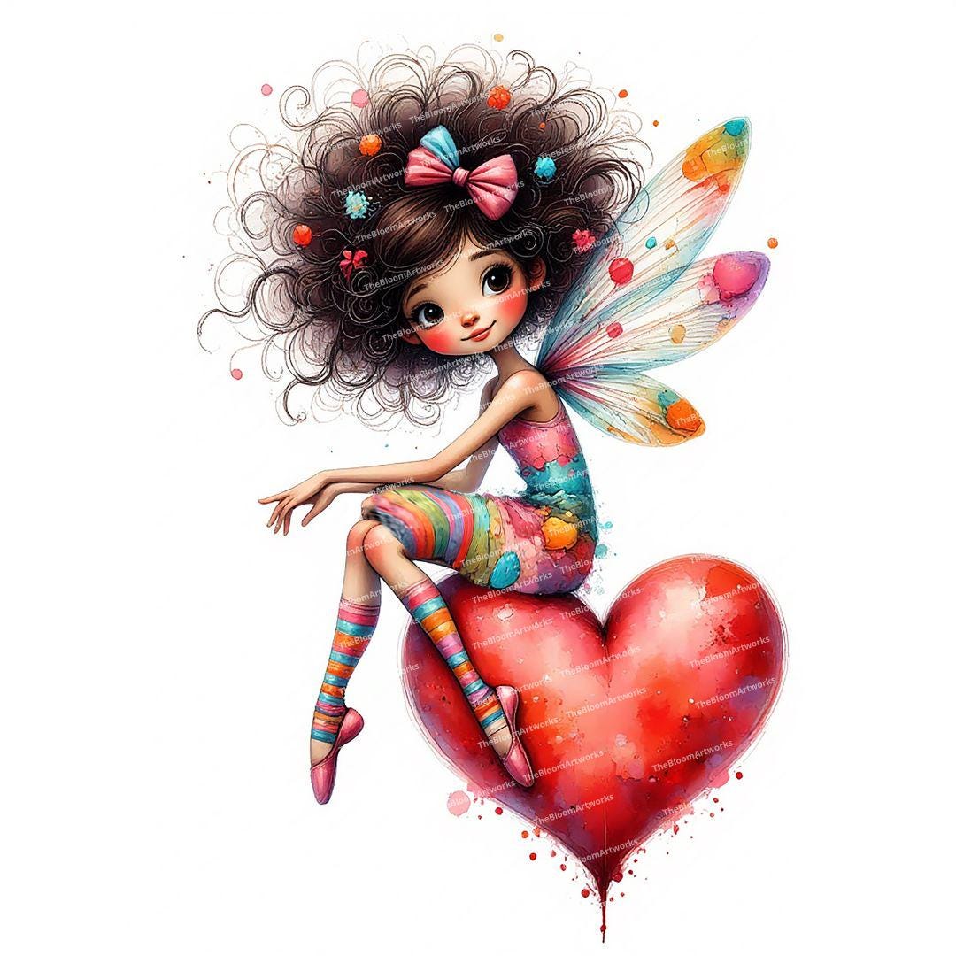 12 Whimsical Fairy Clipart, Cute Fairy With Heart, Watercolor Fairy ...