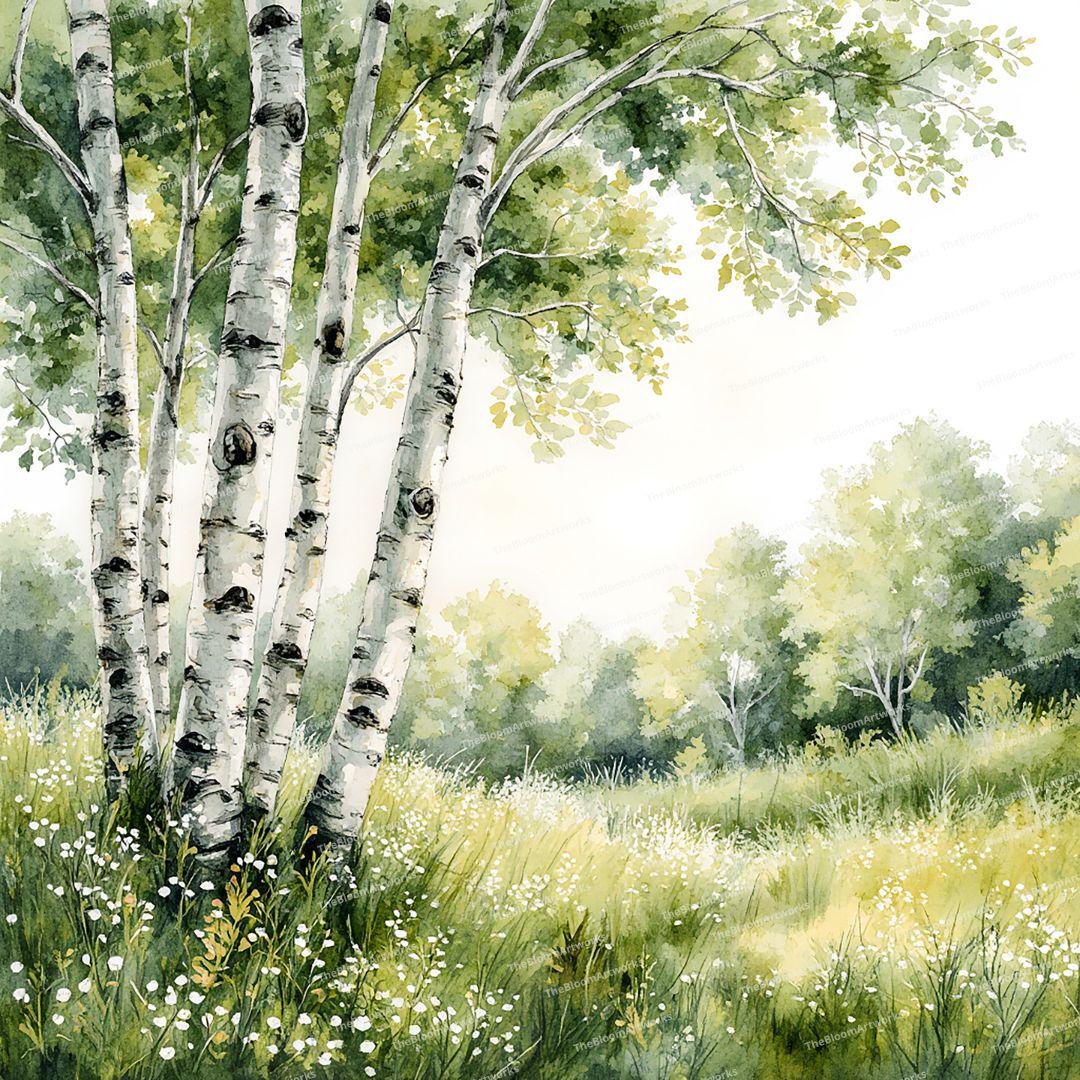 12 Birch Tree Clipart, Watercolor Birch Forest, Summer Forest Landscape ...