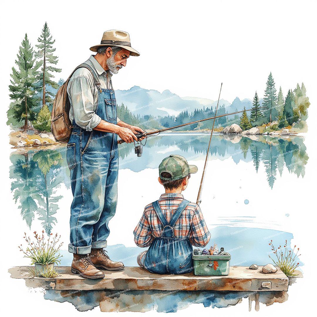 12 Watercolor Fishing Clipart, Grandpa & Grandson, Boy Fishing Art ...