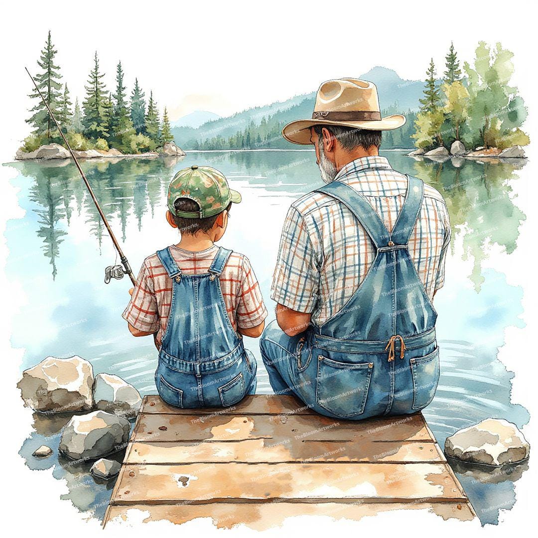12 Watercolor Fishing Clipart, Grandpa & Grandson, Boy Fishing Art ...