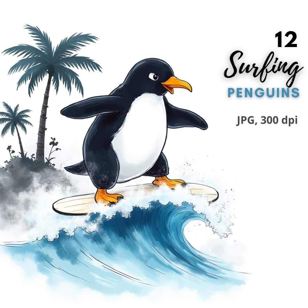 12 Surfing Penguin Clipart, Penguin Art, Penguin Nursery, Surfing ...