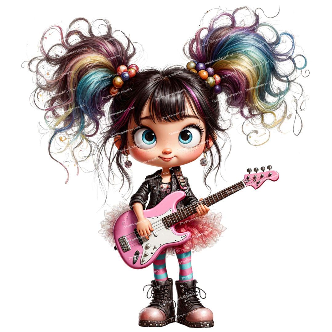 12 Rock Star Girl Clipart, Cute Rock Kid Art, Cartoon Girl With Guitar ...