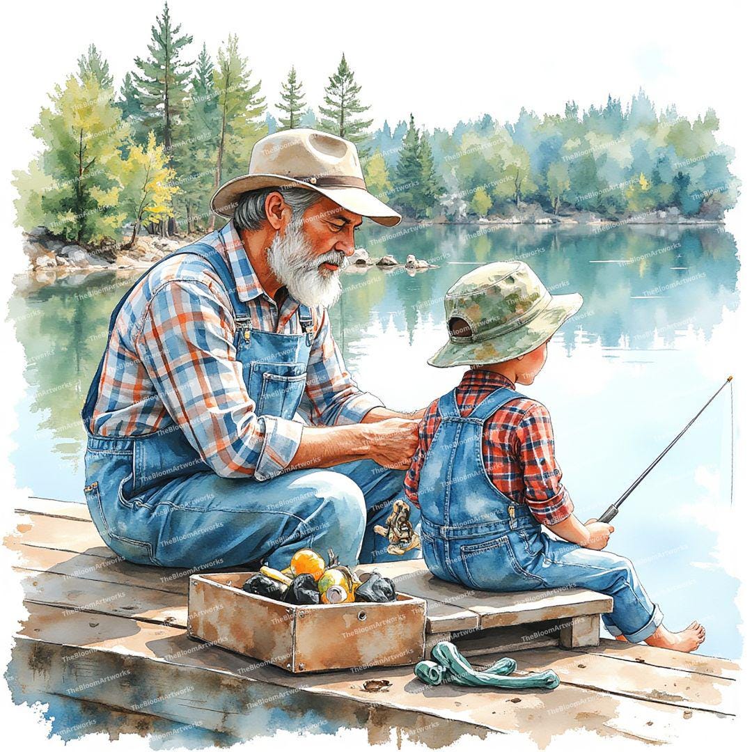 12 Watercolor Fishing Clipart, Grandpa & Grandson, Boy Fishing Art ...
