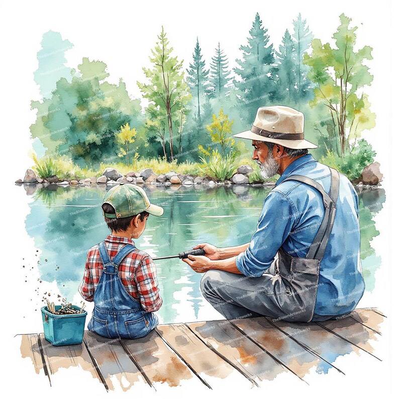 12 Watercolor Fishing Clipart, Grandpa & Grandson, Boy Fishing Art ...