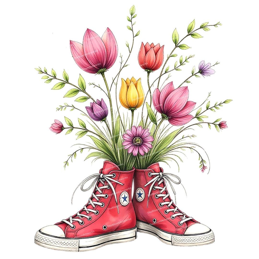 10 Floral Sneakers Clipart, Spring Tulips Bouquet, Watercolor ...