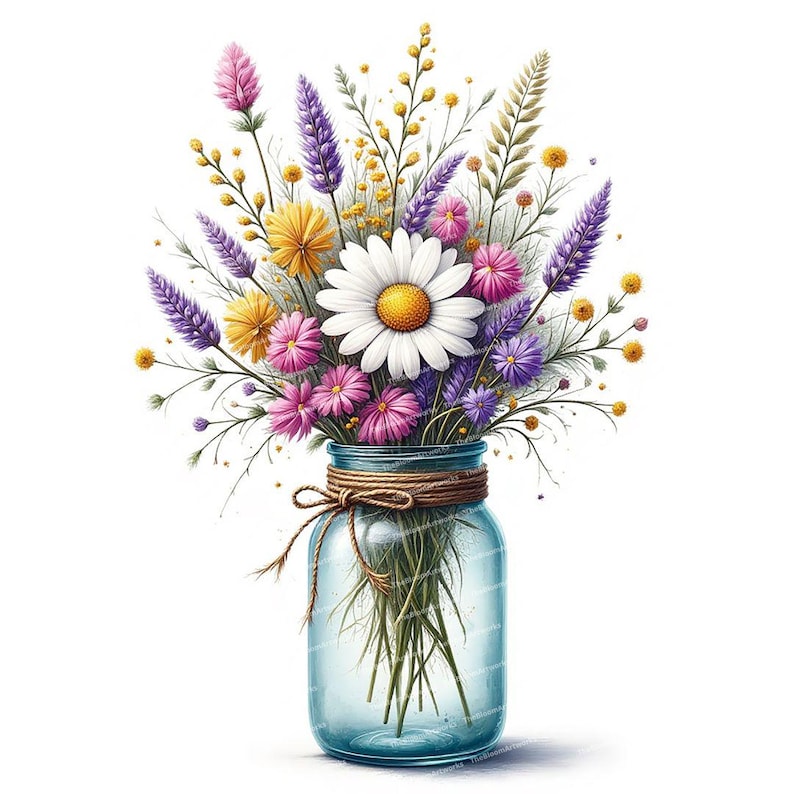 12 Wildflower Bouquet Clipart, Mason Jar Flowers, Watercolor ...