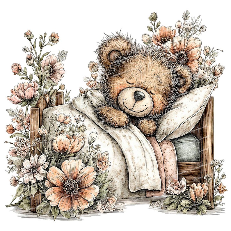 12 Sleepy Bear Clipart, Cute Baby Bear, Floral Nursery Art, Floral Bear ...