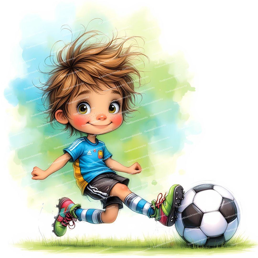 12 Whimsical Soccer Boy Clipart, Cute Football Illustration, Cartoon ...