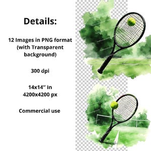 12 Tennis Clipart, Watercolor Tennis Scene, Tennis Ball and Racket ...