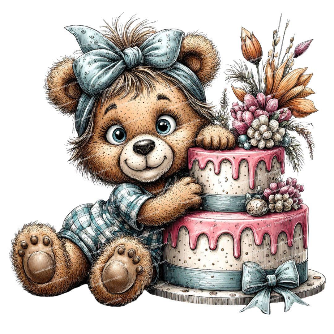 12 Birthday Bear Clipart, Cute Teddy With Cake, Birthday Party ...