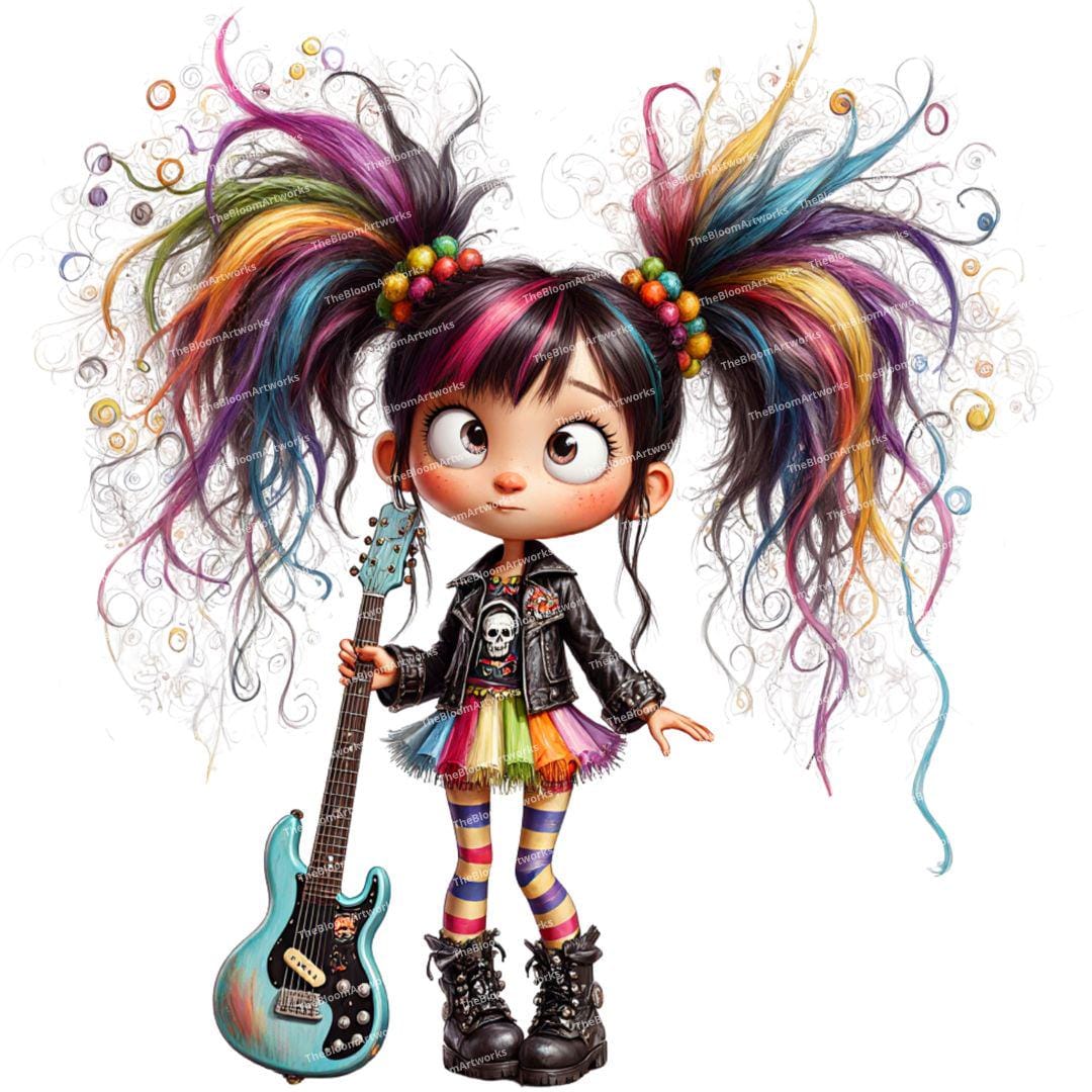 12 Rock Star Girl Clipart, Cute Rock Kid Art, Cartoon Girl With Guitar ...
