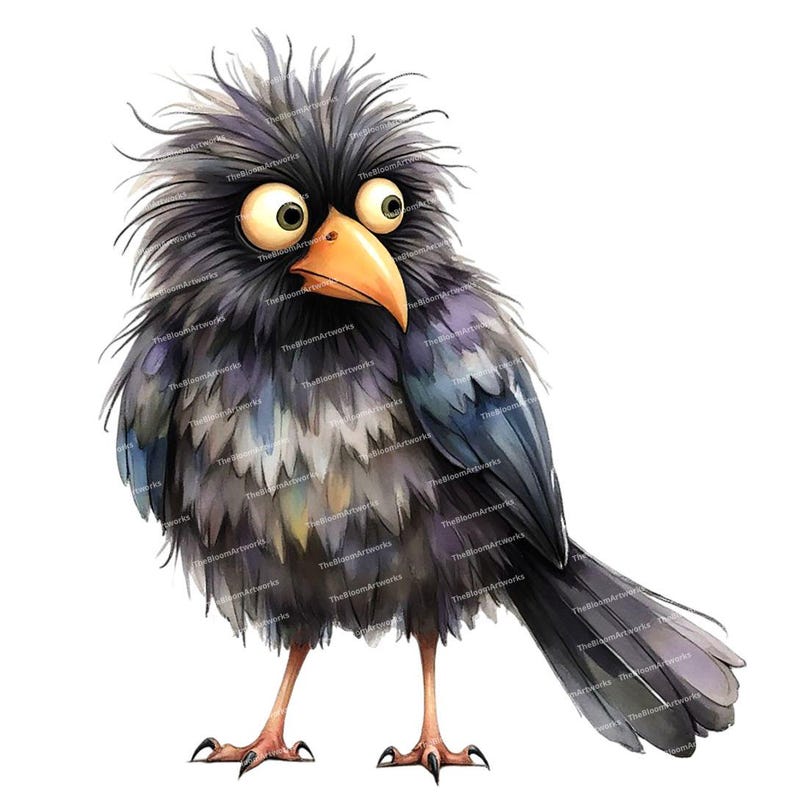 12 Funny Crow Clipart, Whimsical Crow Illustration, Fluffy Cartoon Bird ...