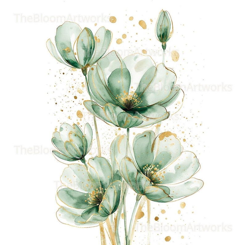 12 Watercolor Flower Clipart, Green Gold Flowers, Floral Illustration ...