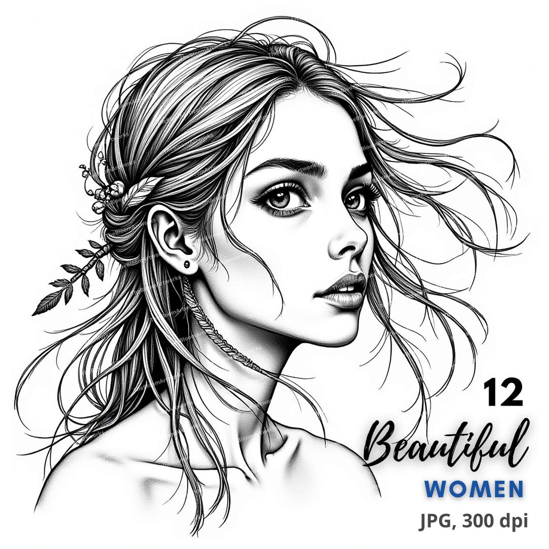 12 Woman Face Clipart, Woman Line Art, Printable Watercolor Clipart ...