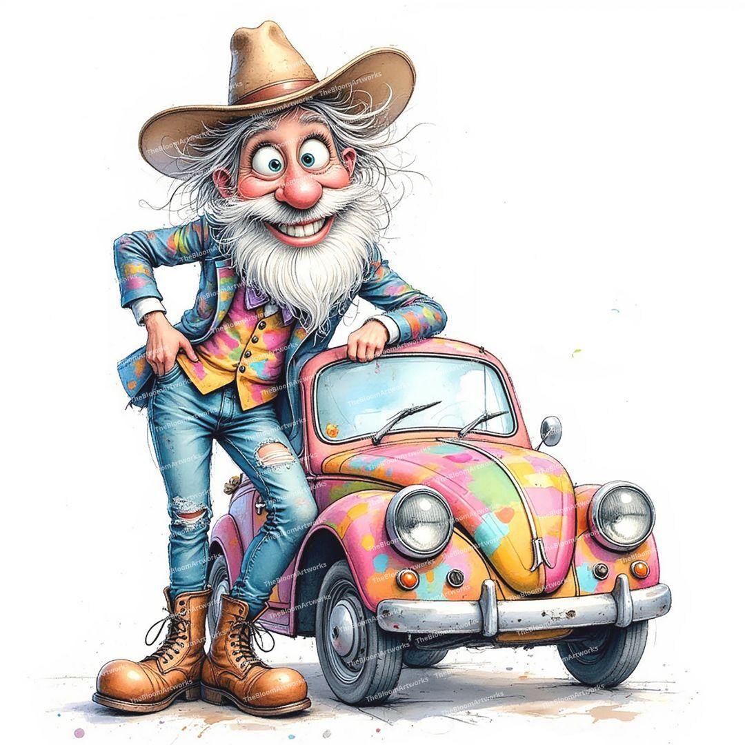12 Quirky Cowboy Grandpa Clipart, Whimsical Grandpa With Car, Funny Old ...
