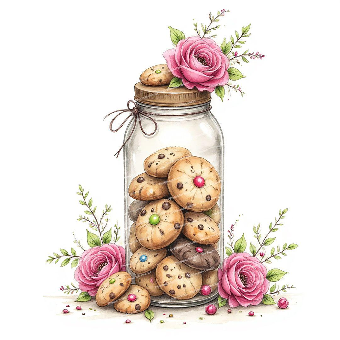 15 Watercolor Cookie Jar Clipart, Homemade Cookie Clipart, Floral Sweet ...