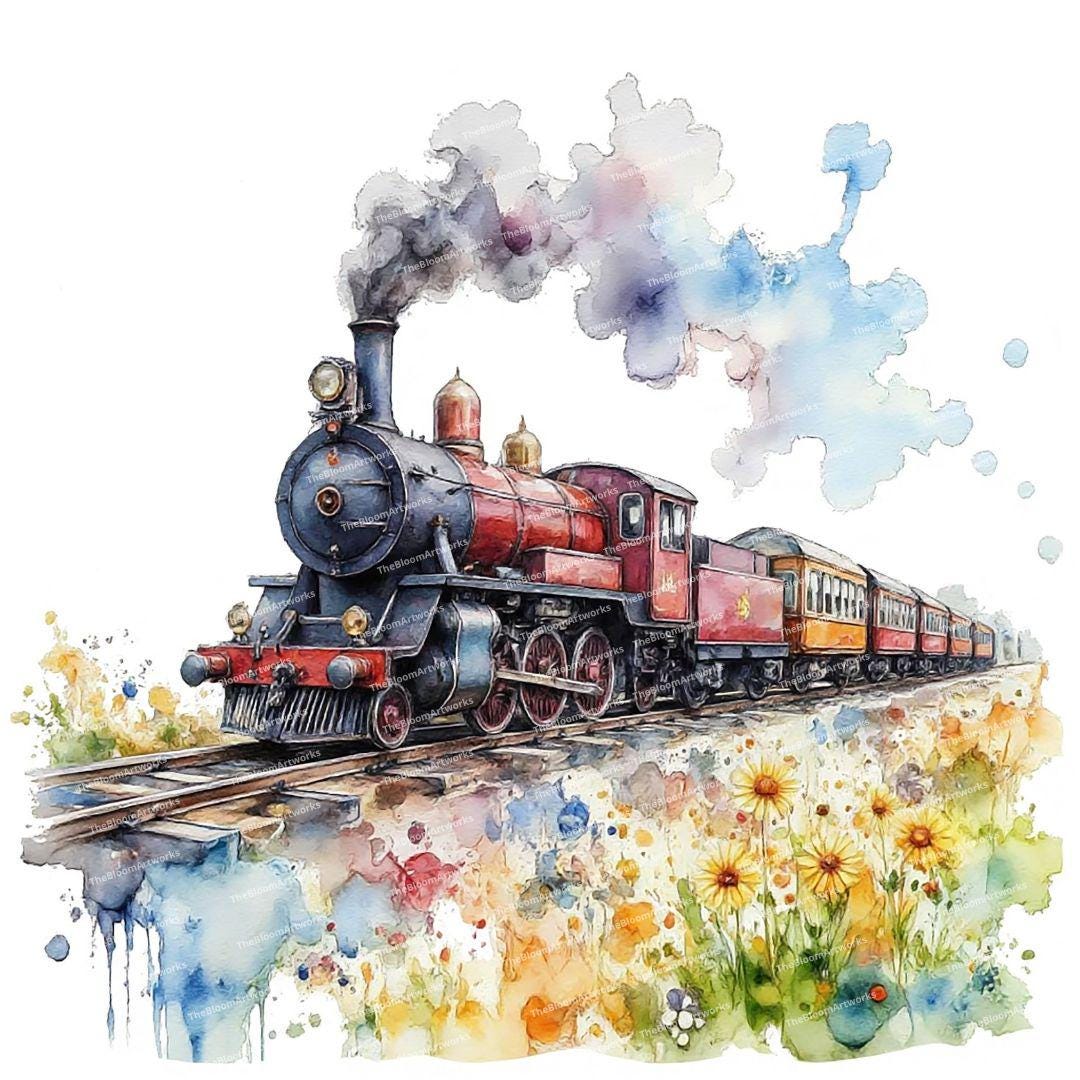 12 Watercolor Train Clipart, Vintage Steam Train, Steam Locomotive ...