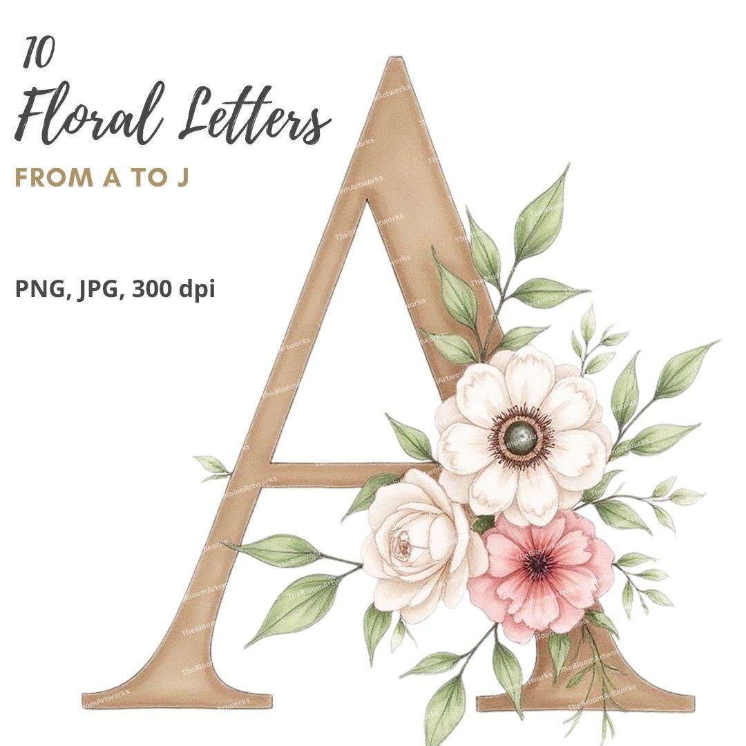 10 Watercolor Letters From A to J, Alphabet Clipart, Floral Monogram ...