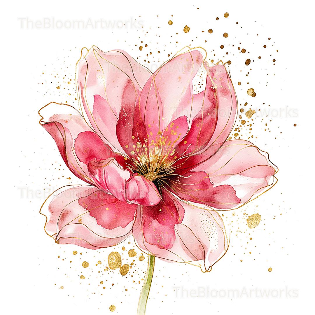 12 Watercolor Flower Clipart, Pink Gold Flowers, Floral Illustration ...