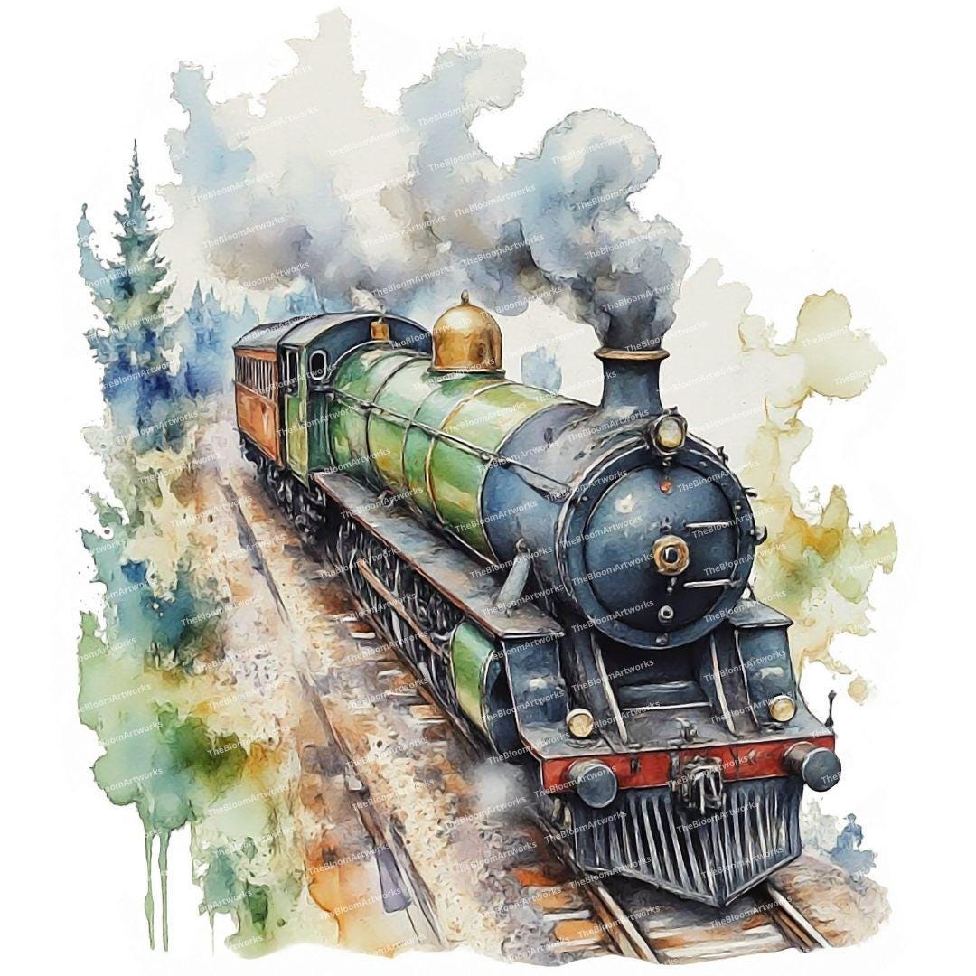 12 Watercolor Train Clipart, Vintage Steam Train, Steam Locomotive ...