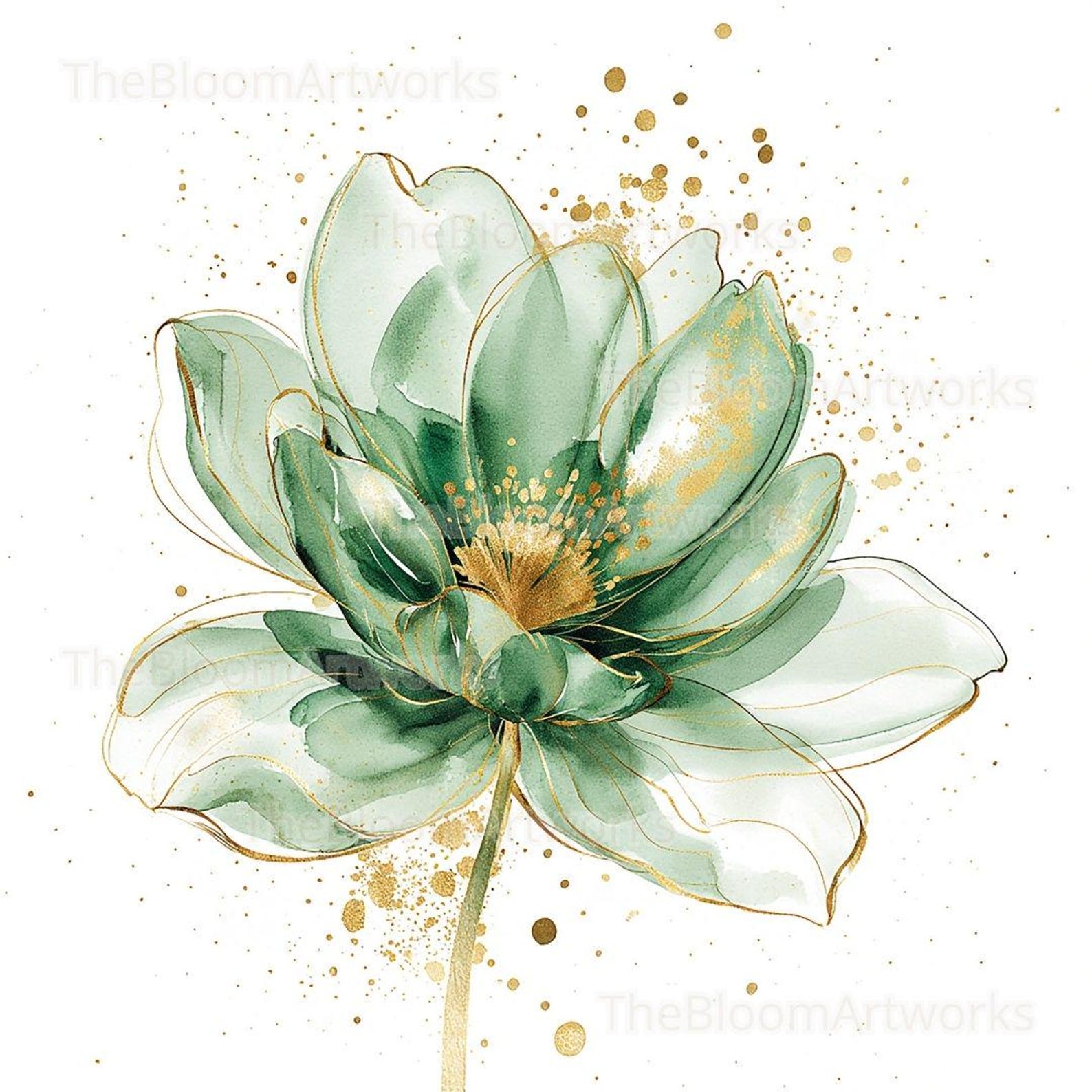 12 Watercolor Flower Clipart, Green Gold Flowers, Floral Illustration ...