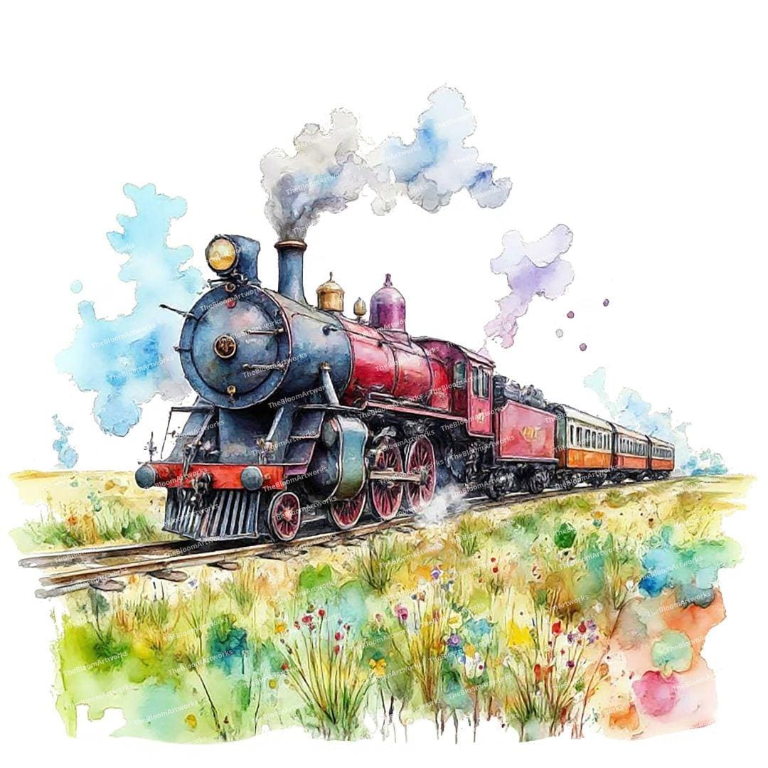 12 Watercolor Train Clipart, Vintage Steam Train, Steam Locomotive ...