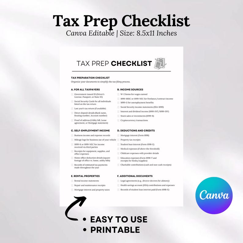 Tax Prep Checklist, Tax Checklist, Tax Organizer, Tax Preparation ...