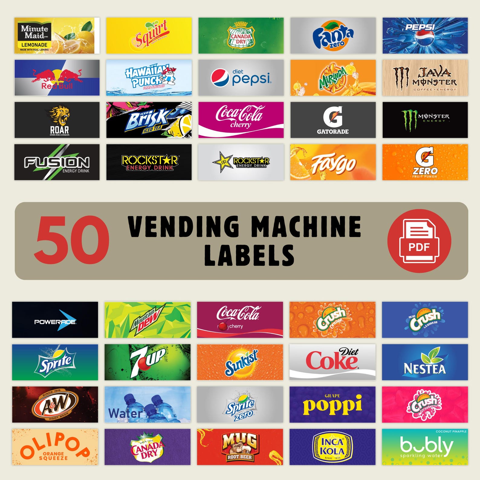 50 Vending Machine Label, High Quality Labels, Sparkling Water and Soda ...
