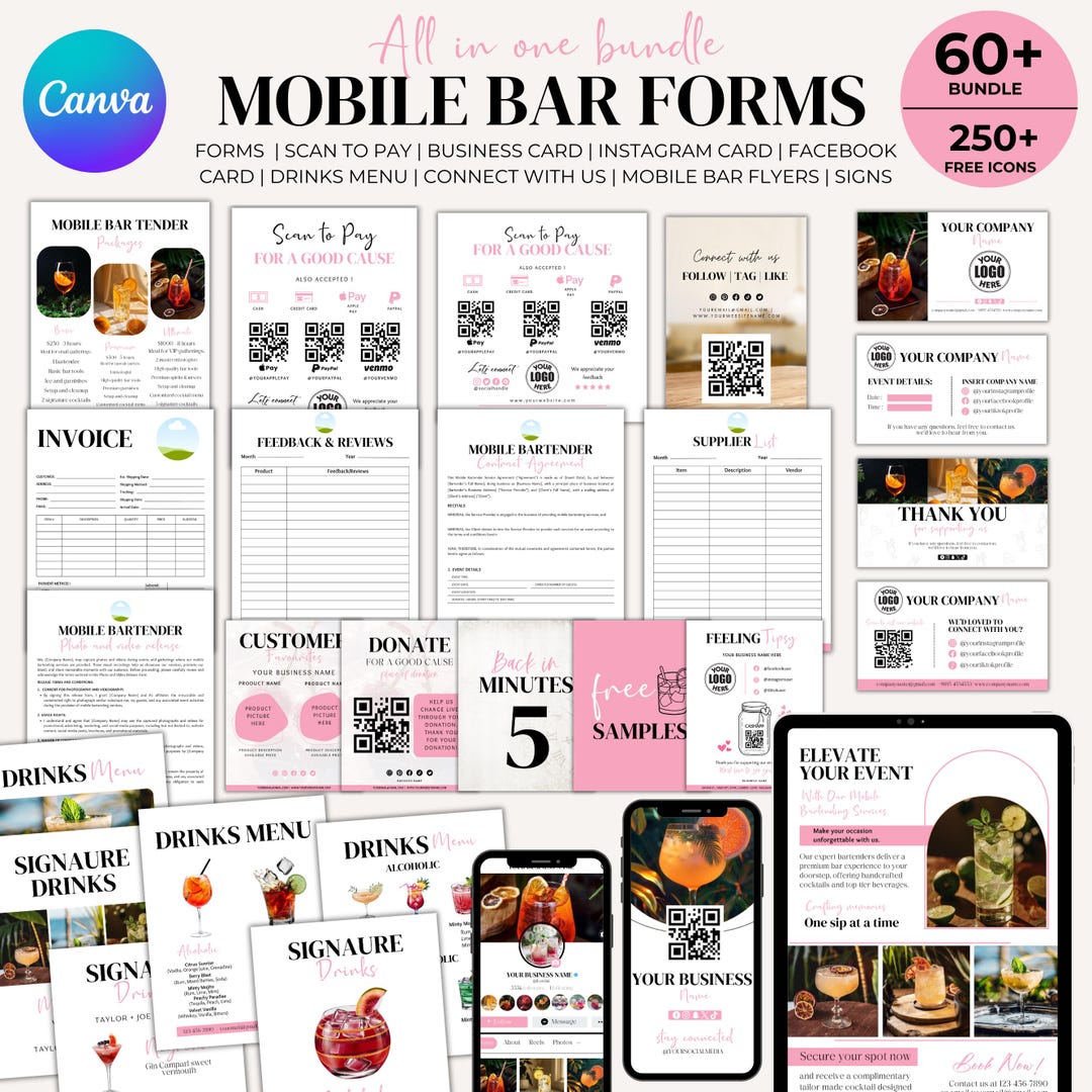 Mobile Bar Business Bundle Canva | Contract Invoice Menu Template ...
