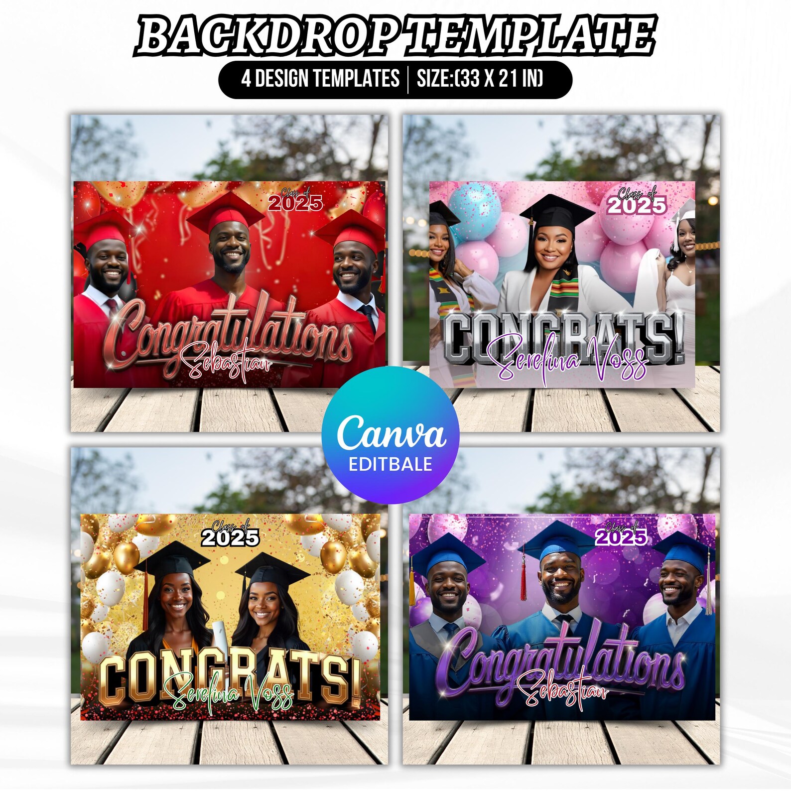 Graduation Backdrop Bundle, 4 Editable Graduate Backdrops, Canva Grad ...