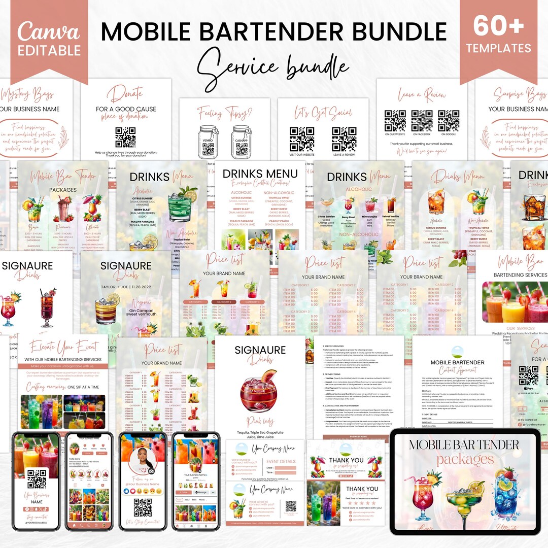Mobile Bar Business Bundle Canva | Bartender Contract Invoice Menu Kit ...