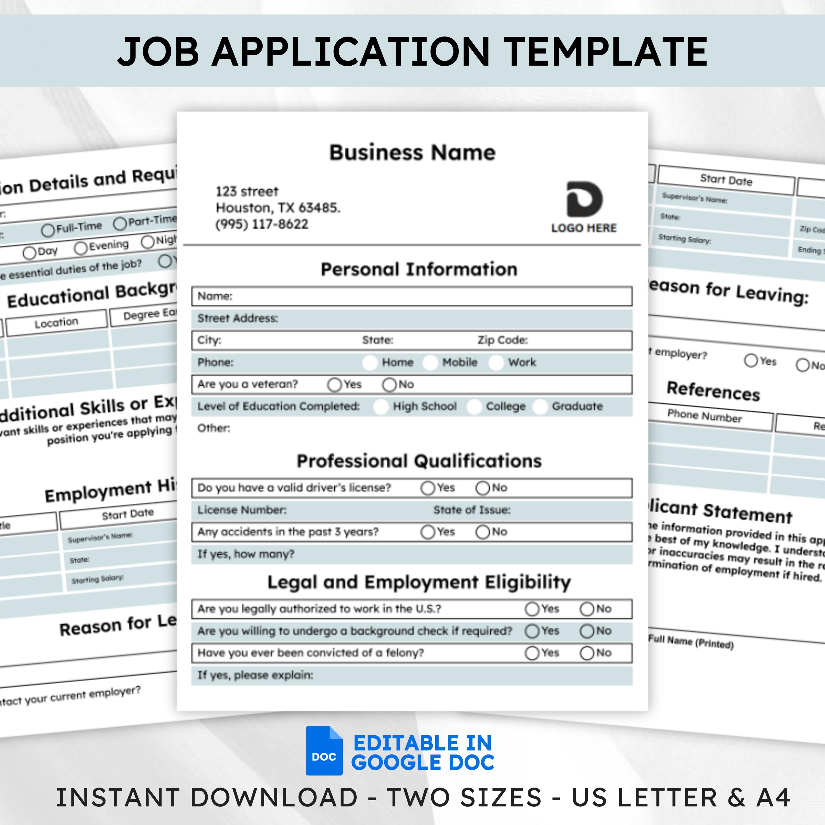 Job Application Template, HR Templates, New Employee Form, Employee ...
