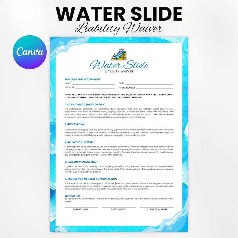 Inflatable Water Slide & Bounce House Liability Waiver, Water Slide ...