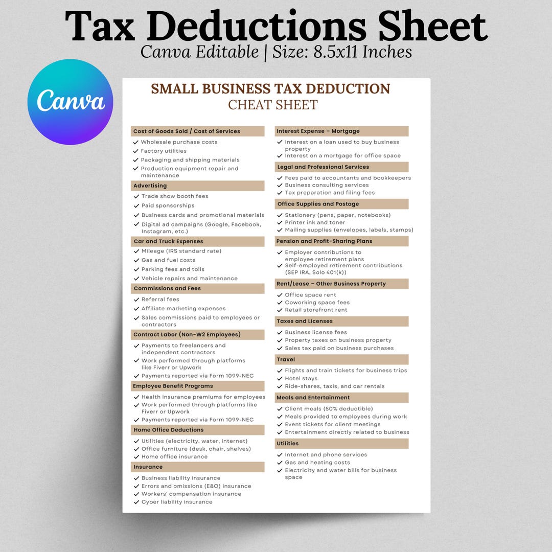 Tax Deductions Sheet, Business Tax Deductions,tax Deduction Tracker ...
