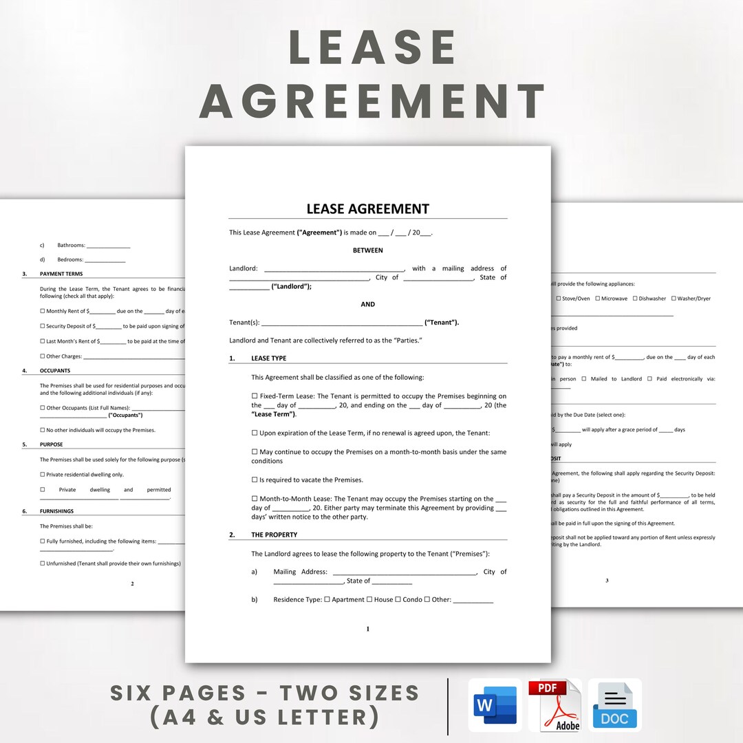 Rental Agreement Template, Editable Lease Contract, Landlord Forms ...