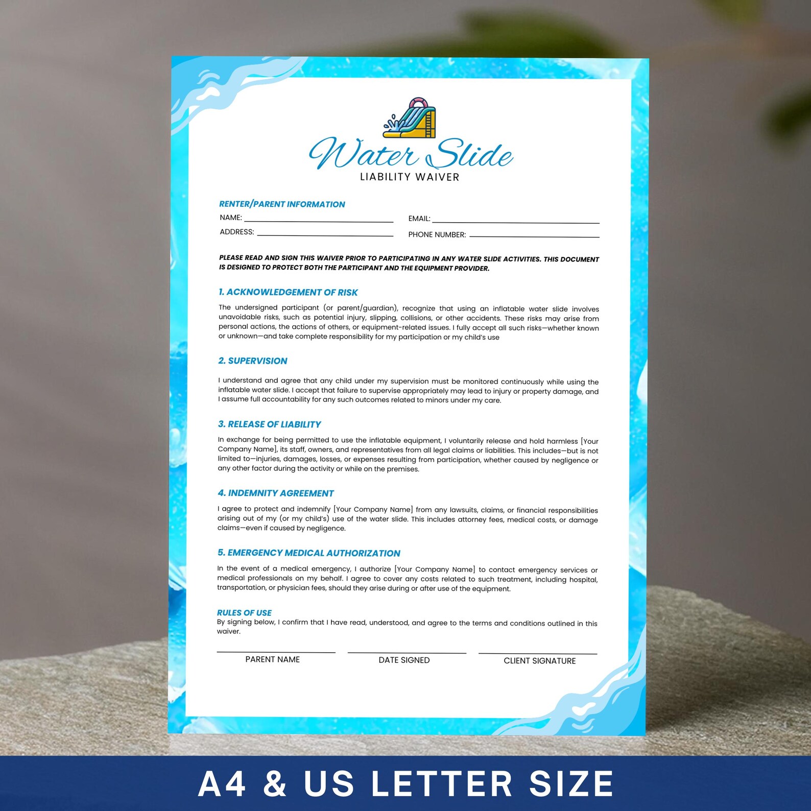 Inflatable Water Slide & Bounce House Liability Waiver, Water Slide ...