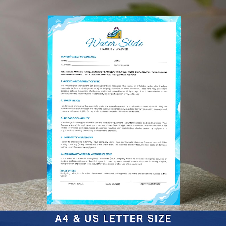 Inflatable Water Slide & Bounce House Liability Waiver, Water Slide ...