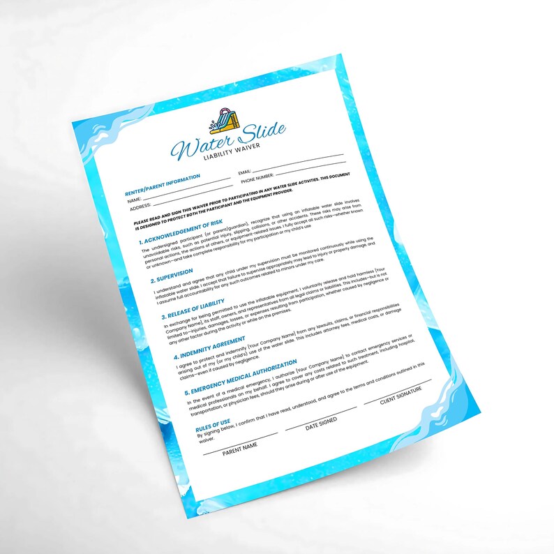 Inflatable Water Slide & Bounce House Liability Waiver, Water Slide ...