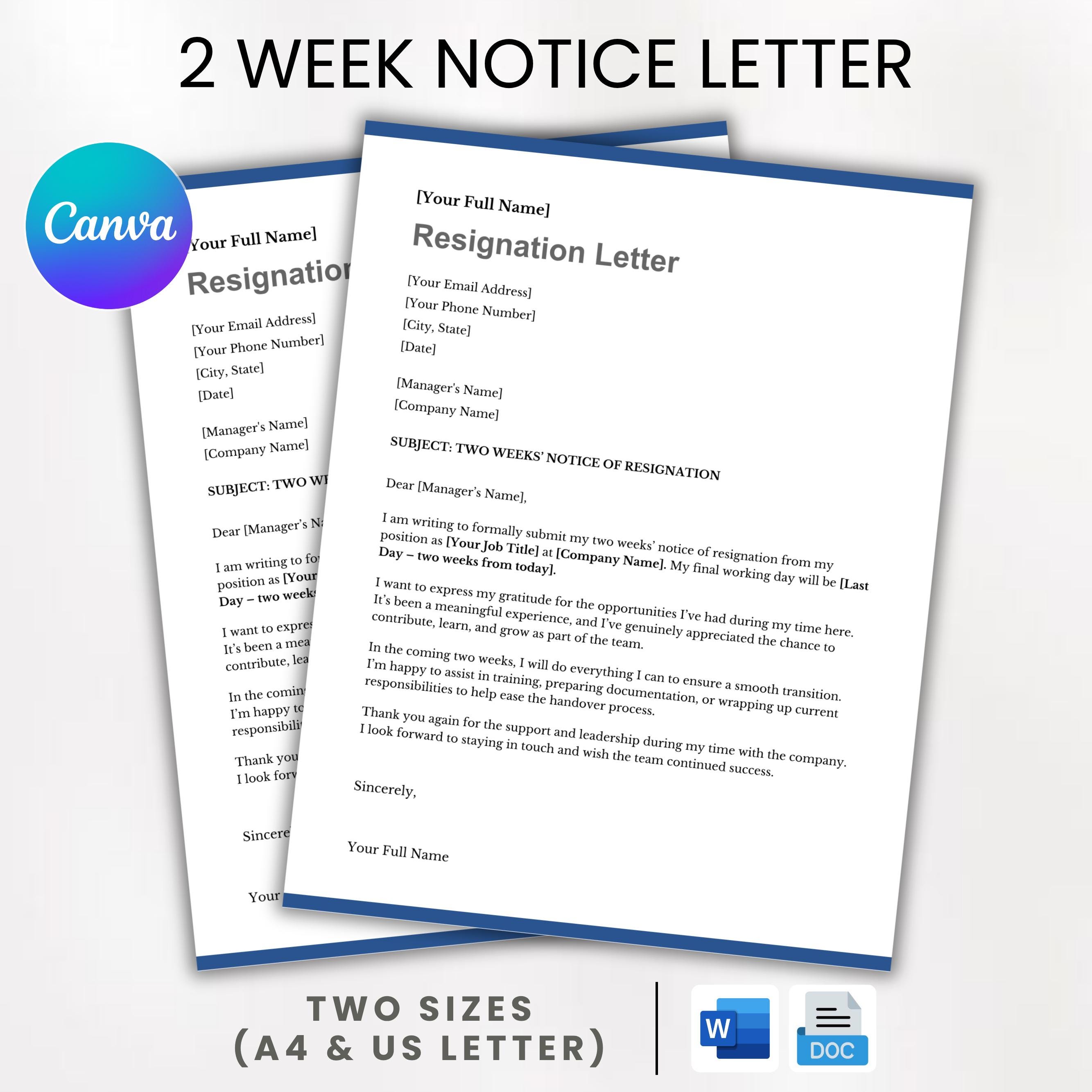 2 Weeks Notice Letter, Two Weeks Notice Letter, Professional Notice ...