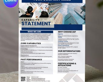 Capability Statement Template Canva, Corporate Flyer, Editable Business Capability Statement ...