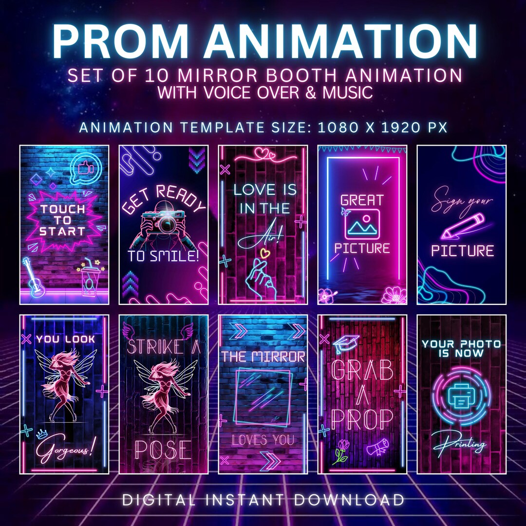Prom Neon Mirror Booth Animations, Purple Photo Booth, Touch to Start ...