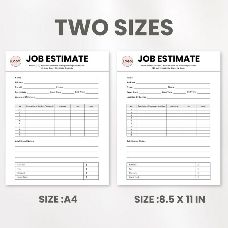 Job Estimate Template, Contractor Estimate Template, Job Estimate Form ...