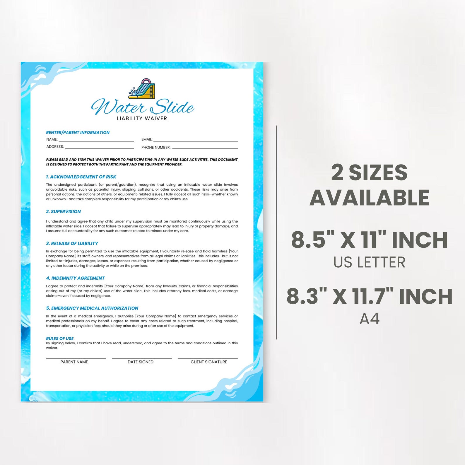 Inflatable Water Slide & Bounce House Liability Waiver, Water Slide ...