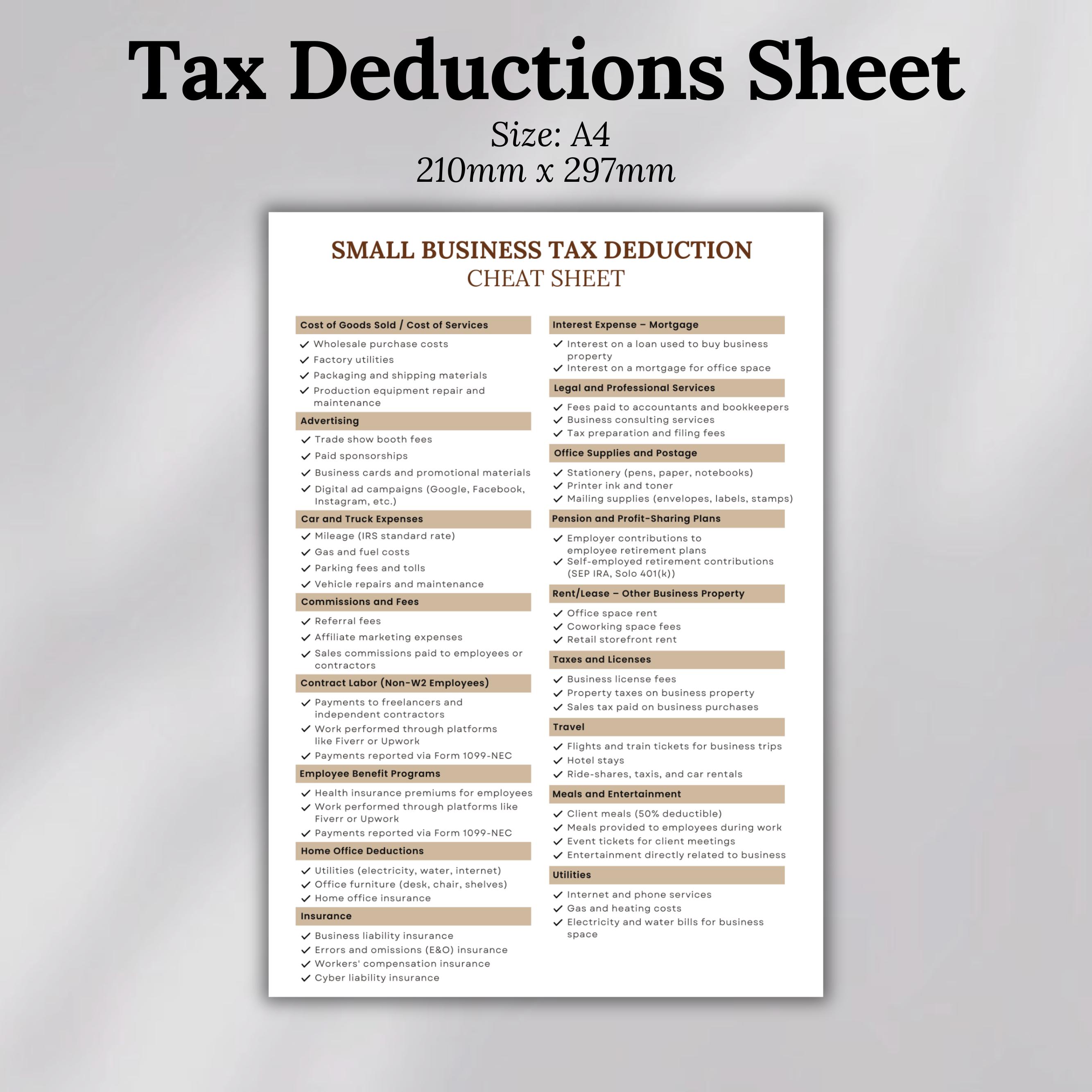 Tax Deductions Sheet, Business Tax Deductions,tax Deduction Tracker ...