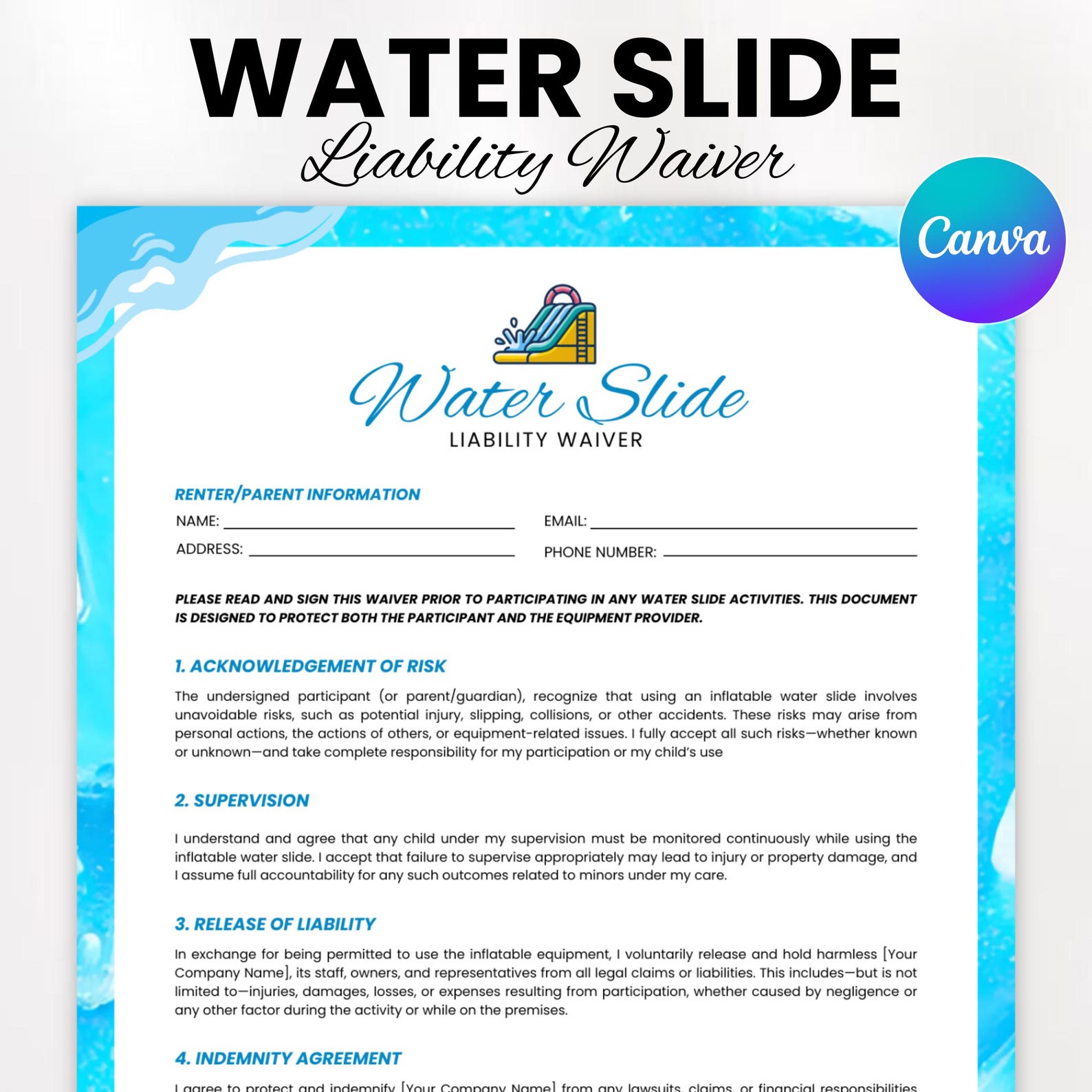 Inflatable Water Slide & Bounce House Liability Waiver, Water Slide ...