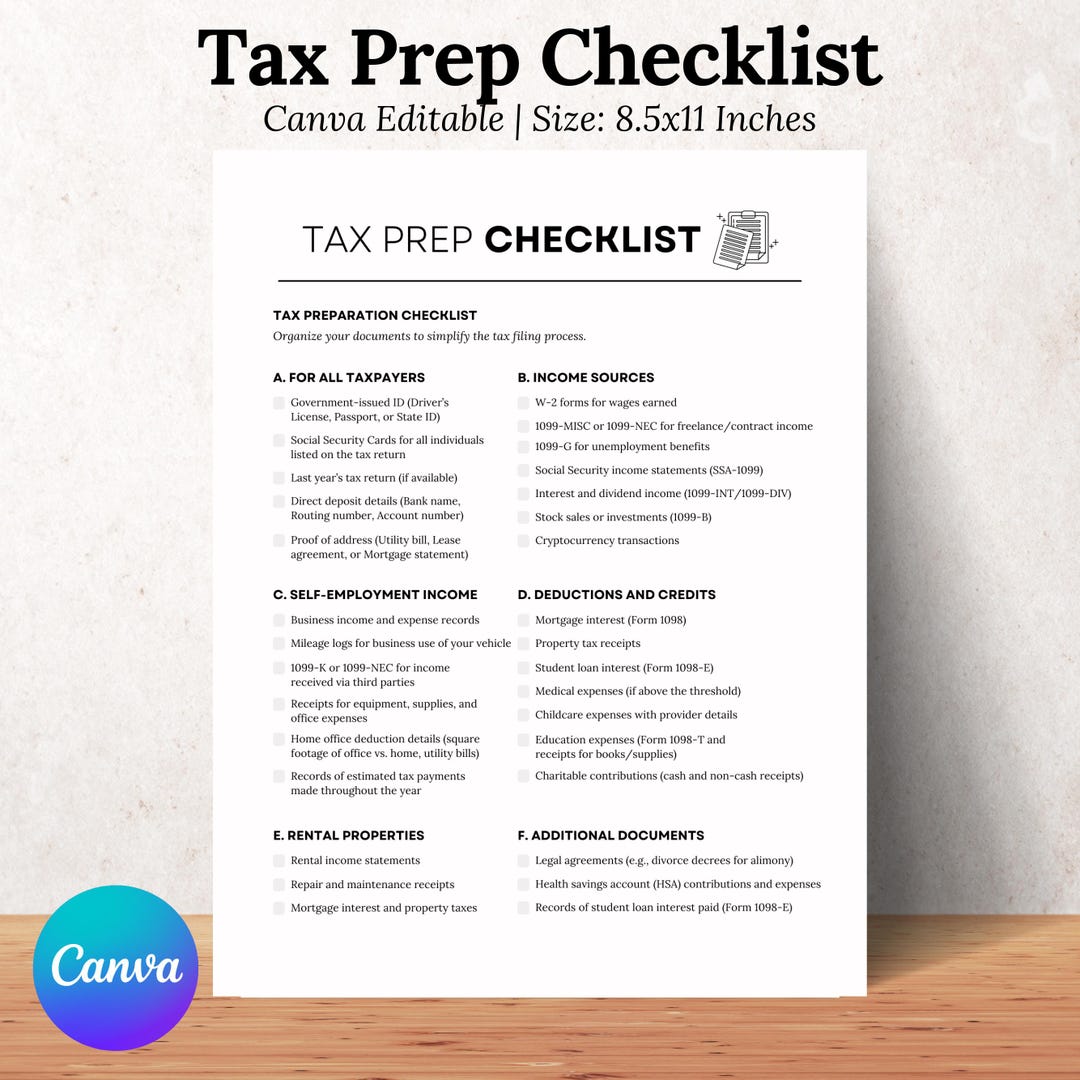 Tax Prep Checklist, Tax Checklist, Tax Organizer, Tax Preparation ...