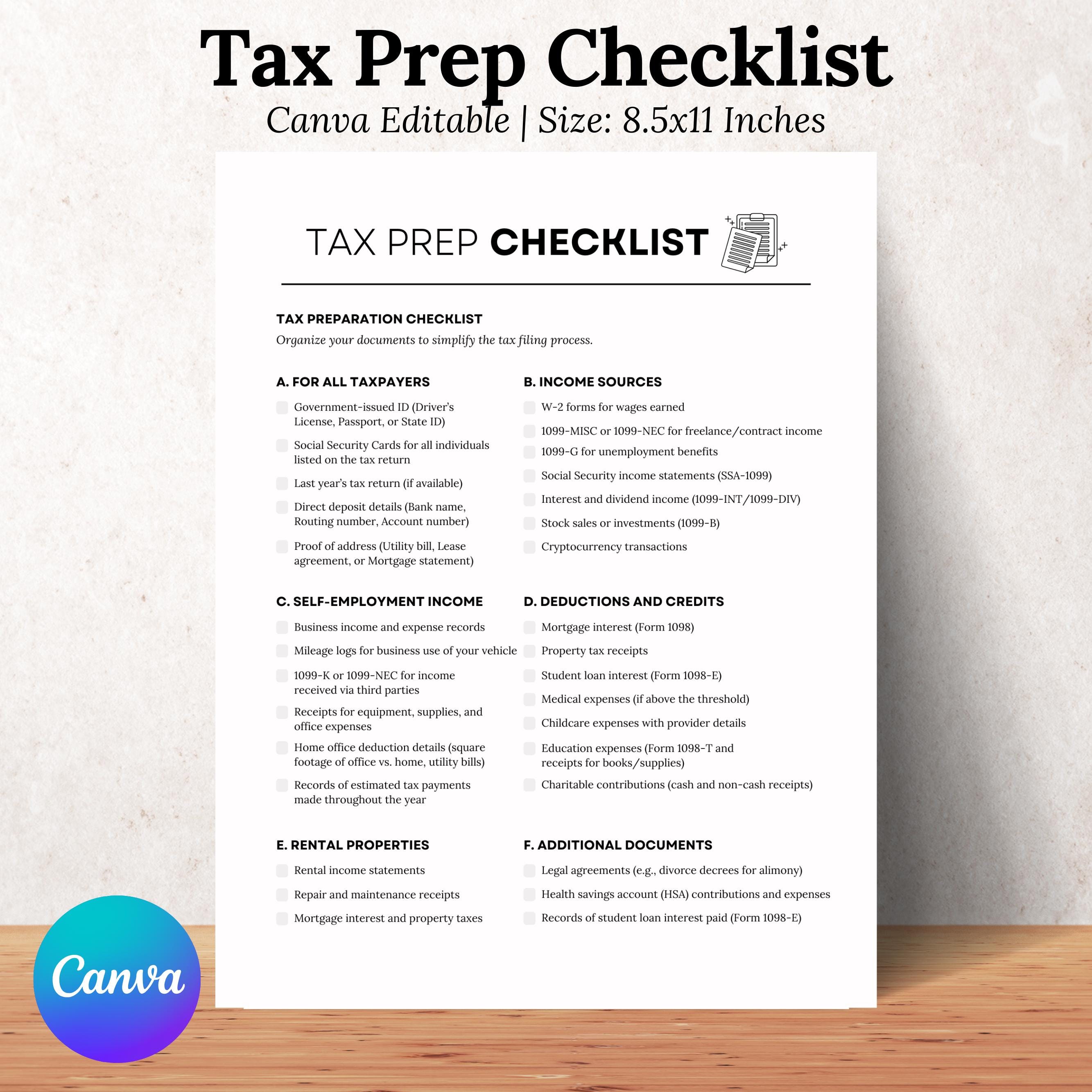 Tax Prep Checklist, Tax Checklist, Tax Organizer, Tax Preparation ...