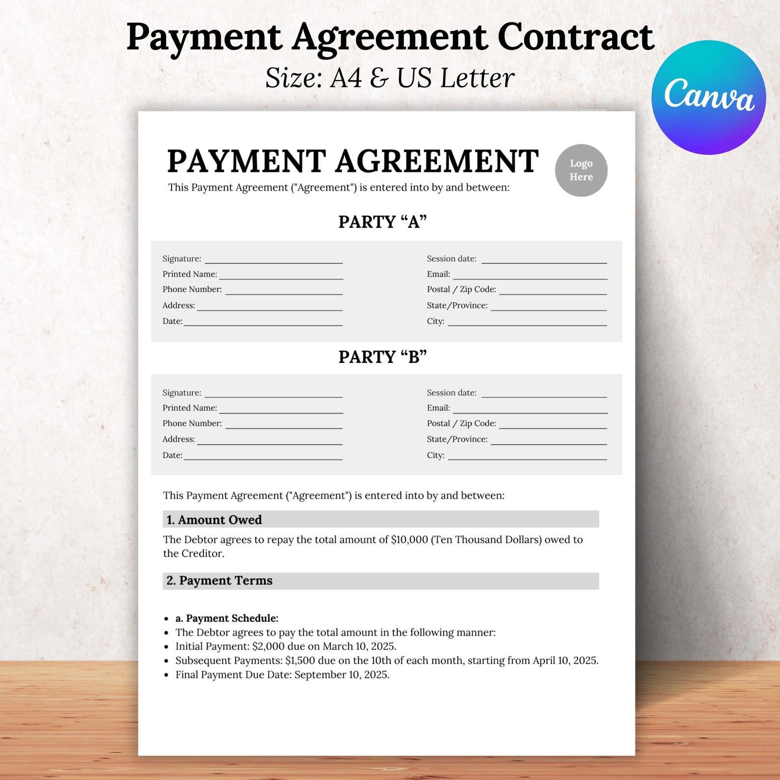 Payment Agreement Contract Template, Agreement Template, Payment ...
