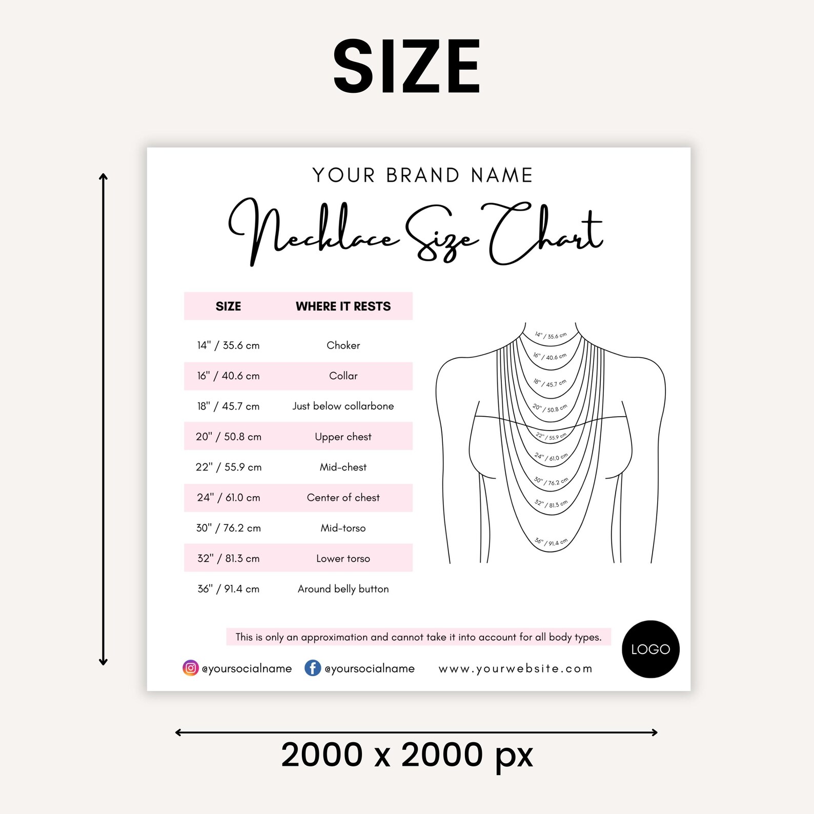 Necklace Size Chart Template: Canva Editable Size Guide (instant ...