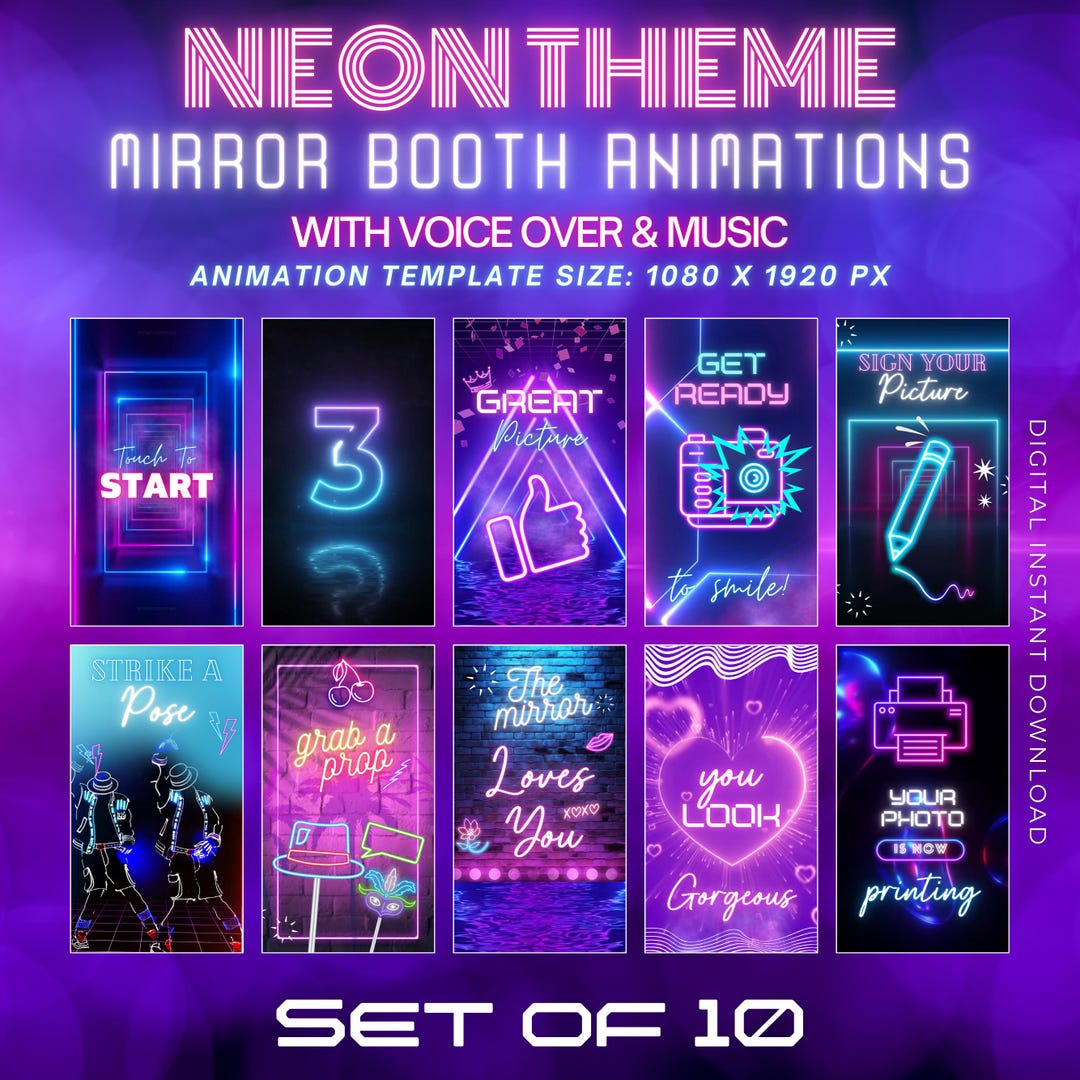 Neon Mirror Booth Animations: Touch to Start, Pose, Love (digital ...